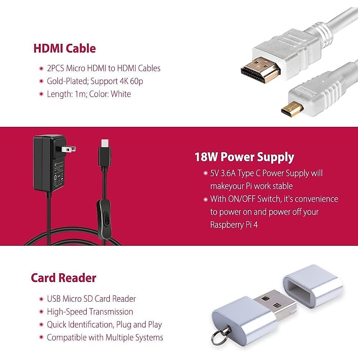 GeeekPi Starter Kit for Raspberry Pi 4 4GB, with Raspberry Pi 4, Case, 64GB Card, Card Reader, HDMI Cables and 18W USB C Power Supply