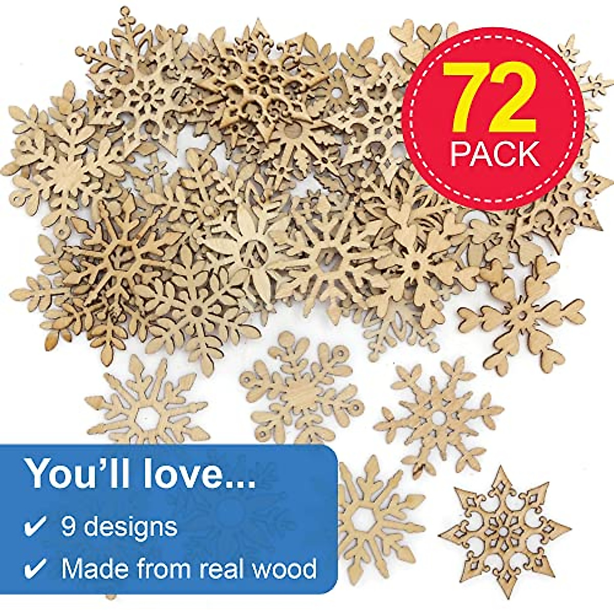 Baker Ross FE984 Snowflake Mini Wooden Shapes - Pack of 72, Embellishments for Crafting, Craft Supplies for Children, Ideal for Kids Arts and Craft Projects