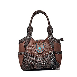 Texas West Western Style Rhinestone Concho Buckle Concealed Carry Purse Women Shoulder Bag in 4 colors (Brown)