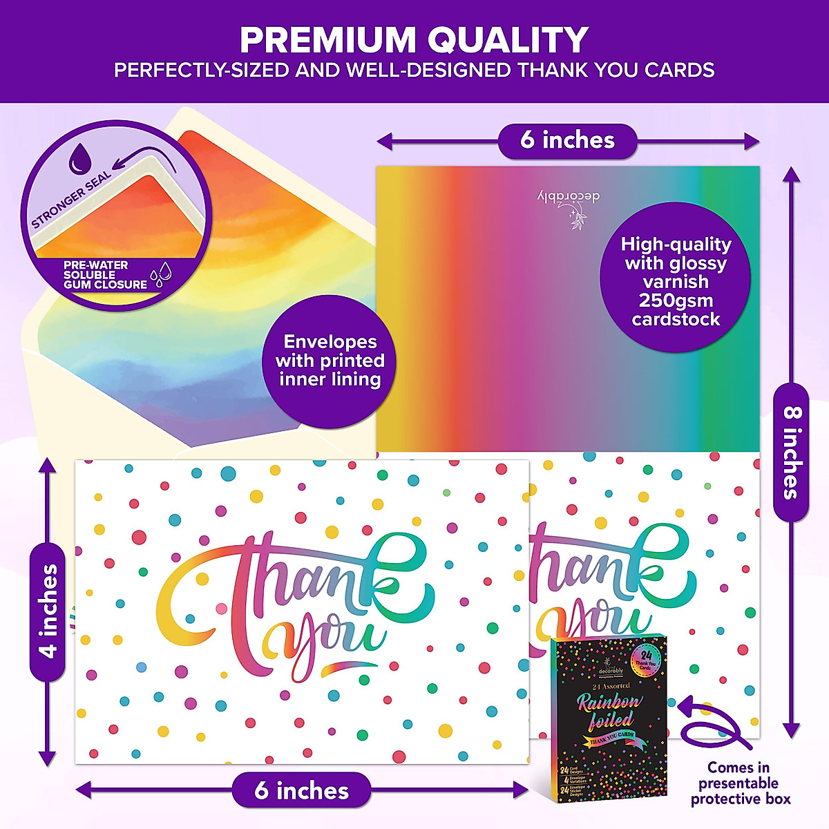 Decorably Assorted Thank You Cards with Envelopes & Stickers - 24 Pack Rainbow Thank You Cards with Envelopes, Blank Inside 4x6in Thank You Cards Rainbow, Thank You Card Assortment