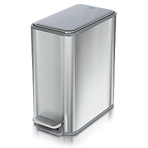 Glad Slim Bathroom Trash Can - Small Garbage Pail with Soft Close Lid & Step Foot Pedal | Narrow Brushed Nickel Waste Basket with Removable Inner Bucket, 2.6 Gallon