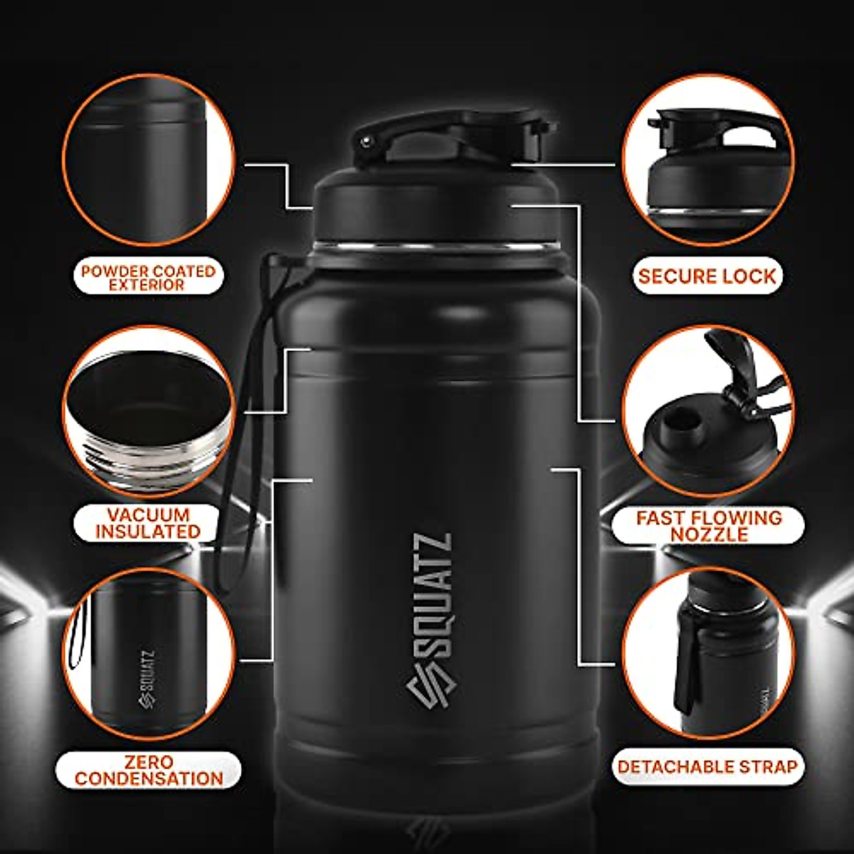 SQUATZ 74 Oz Neptune Series Steel Water Bottle, Stainless Double Wall Vacuum Insulated Jug with Handle Strap, Large Capacity Leak Proof Wide Mouth Thermos for Gym, Travel, Hiking, and Camping