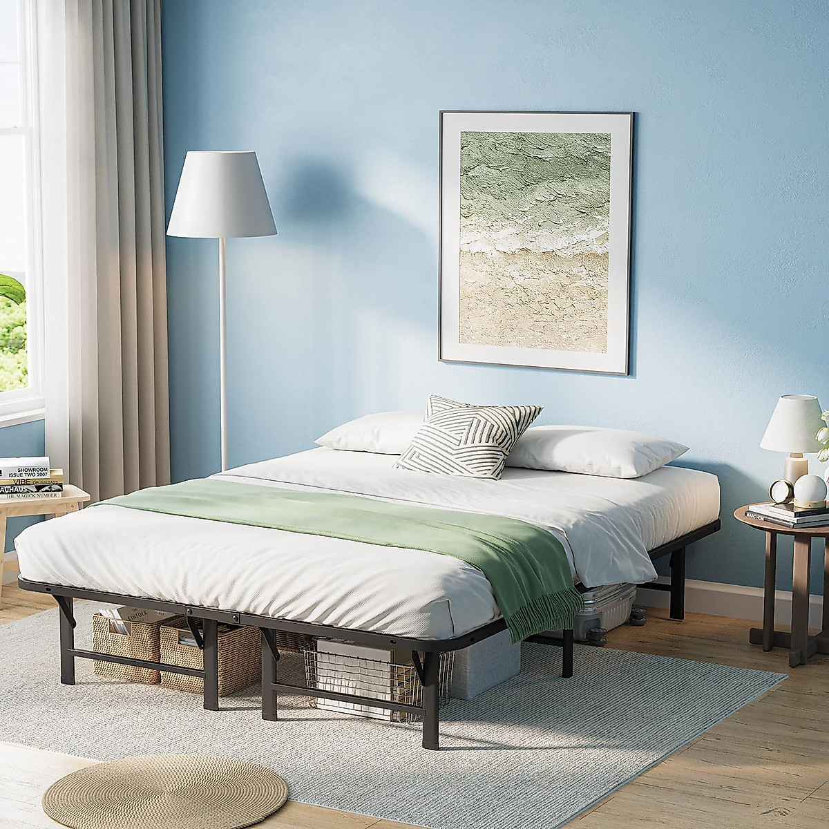 ZIYOO Heavy Duty Folding Bed Frame Queen Size, 14" High Sturdy Steel Slats Support for Mattress, Metal Platform Bed Frame Queen Size, No Box Spring Needed, Quick Assembly, Noise Free, Black