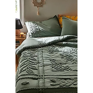 CraftAura 3 Piece Green Ivory Tufted Duvet Cover, Bohemian 1 Duvet Cover with 2 Pillow Cover 100% Organic Cotton Boho Quilt Cover Comforter Cover with Zip Closure Bed Set (80 x 90 inches)