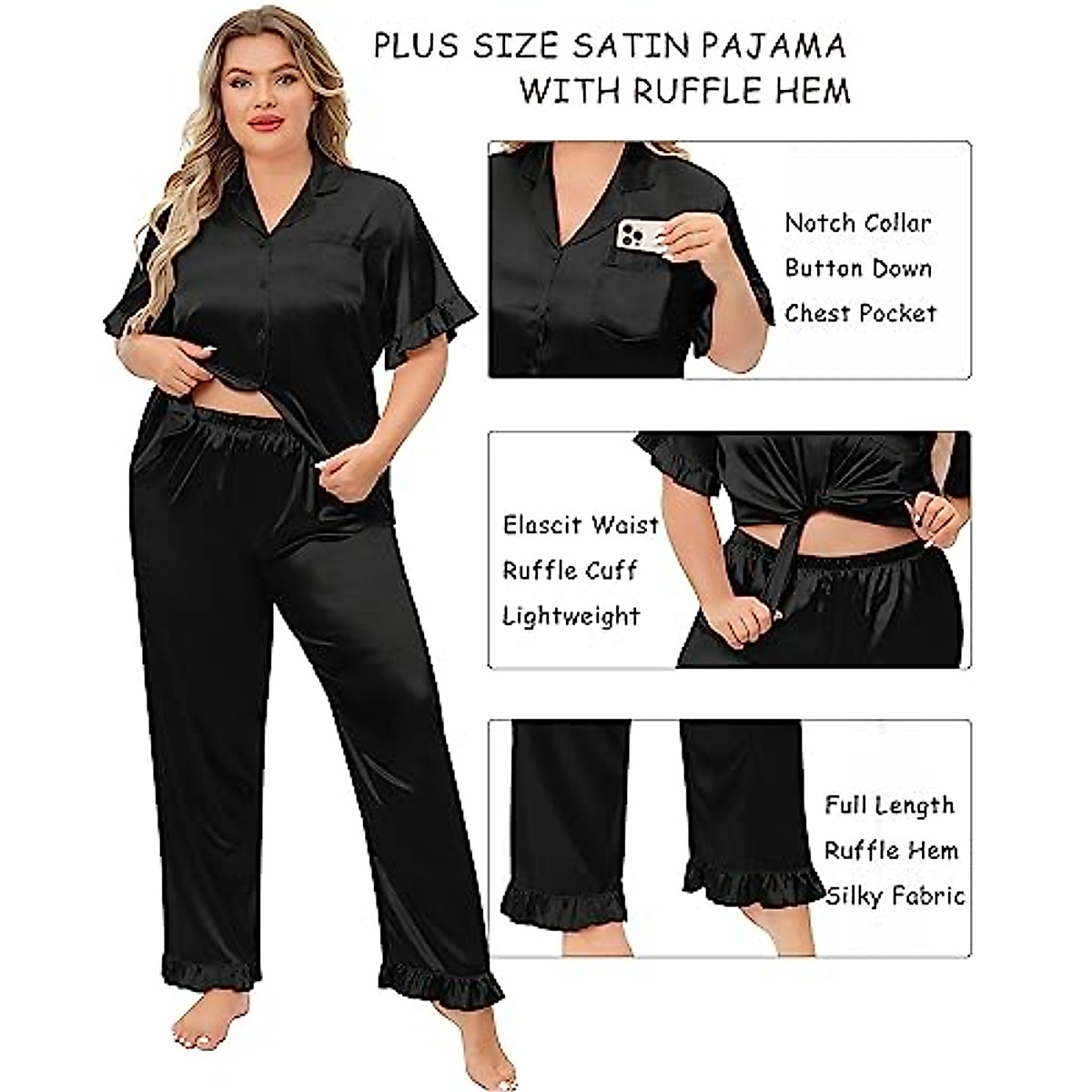 SWOMOG Womens Satin Plus Size Pajamas Silk Short Sleeve Pjs Sets Button Up Pajama with Ruffle Soft Loungewear Wedding PJs Black