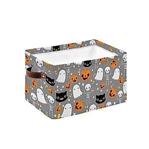 Halloween Grey Cube Storage Organizer Bins with Handles,15x11x9.5 Inch Collapsible Canvas Cloth Fabric Storage Basket,Books Kids' Bin Boxes for Shelves,Closet Spooky Pumpkin Ghost Skull Horror 1 Pack