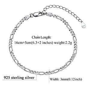 Silver Bracelets for Women Thin Simple Figaro Link Chain Bracelets 925 Sterling Silver 3MM Layering Wrist Chain Everyday Jewelry