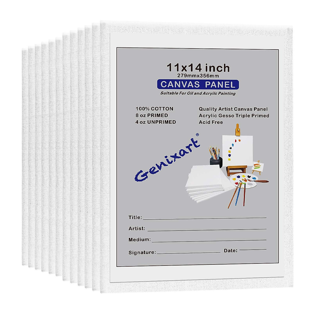 Genixart White Blank Canvas Panels, 11x14 Inch 12 Pack, 100% Cotton, Primed Professional Artist Canvases Boards for Acrylics & Oils Painting