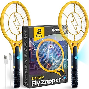 Electric 4000 Volt Fly Swatter [Set of 2] Handheld Bug Zapper Racket for Indoor/Outdoor - Instant Bug & Mosquito Killer with Attractant LED Light - USB Rechargeable Portable Fly Zapper.