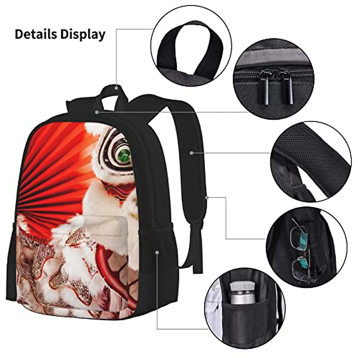 Spring Festival Lion Dance 3 Piece Backpacks Set Cute Adjustable Shoulder Strap Daypack Combination Bag