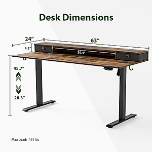 Agilestic 63 x 24 Inches Height Adjustable Electric Standing Desk with 2 Drawers, Stand Up Electric Desk Adjustable Height, Sit Stand Computer Gaming Table with Splice Board, Rustic Brown