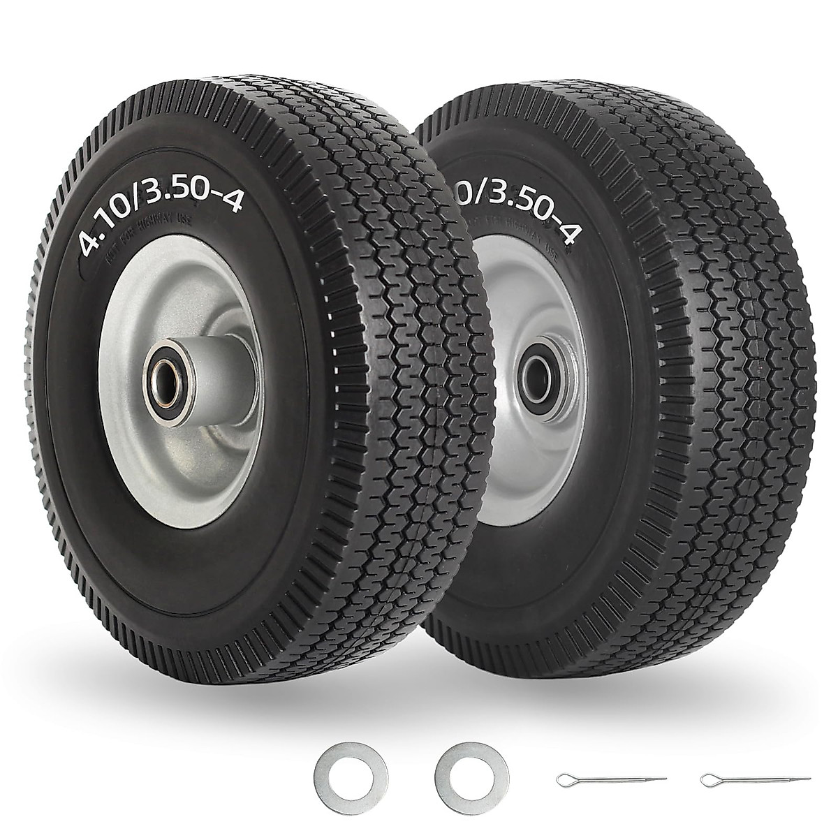 GICOOL 4.10/3.50-4" Flat Free Tire and Wheel, 10" Solid Tire with 5/8" Axle Bore Hole, 2.2" Offset Hub for Hand Truck Garden Wagon Cart Trolley Dolly Lawn Mover Replacement Tire