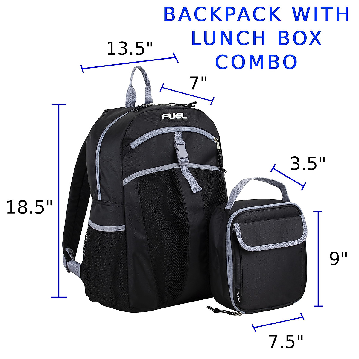 FUEL Lunch Backpack Set Teens Student Water Resistant Bookbag Bag Soft Reusable Insulated Cooler Lunch Box Thermal Travel Office Lunch Bag, Black