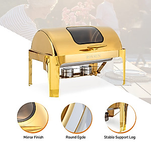 ROVSUN 9QT Roll Top Chafing Dish Buffet Set,Rectangular NSF Stainless Steel Buffet Warmer Chafers and Buffet Warmers Sets with Thick Frame for Catering Events Parties Weddings Dinners,Gold