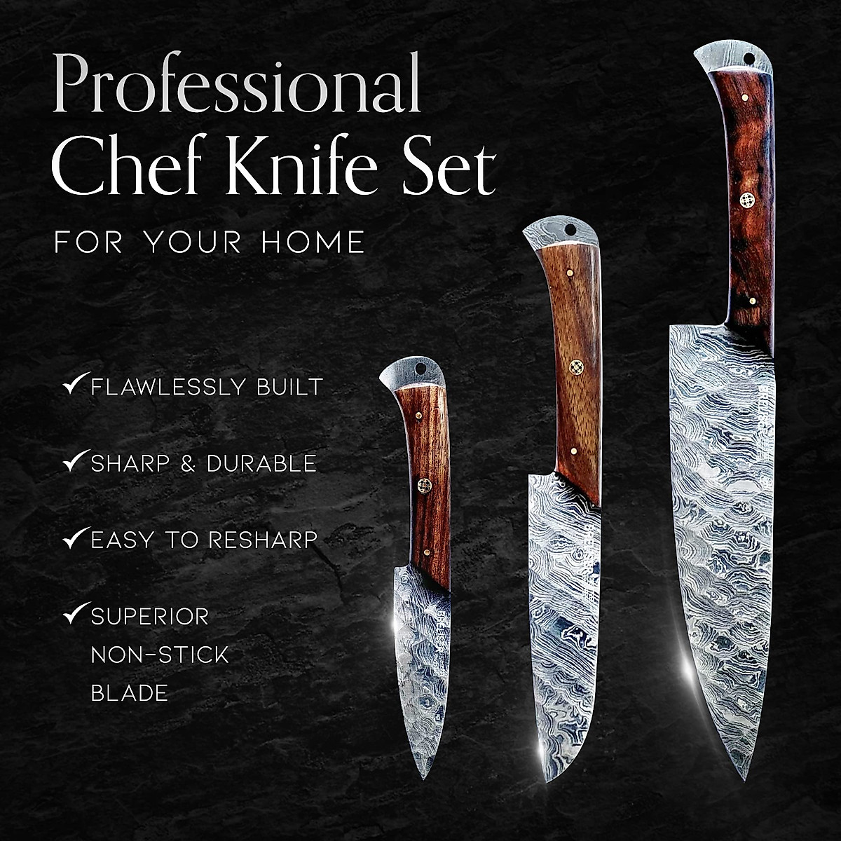 Breliser 3-Piece Knives Set for Kitchen, Damascus Chef Knife Set With Professional Chef Knife, Santoku Knife, & Paring Knife, Diamond-Hammered Kitchen Knifes With Rosewood Handles, Gifts for Chefs