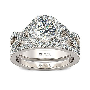 Jeulia Twist Halo Round Cut Sterling Silver Ring Set Cubic Zirconia CZ Eternity Engagement Anniversary Wedding Band Ring for Women with Gift Box (Silver, 9.5)