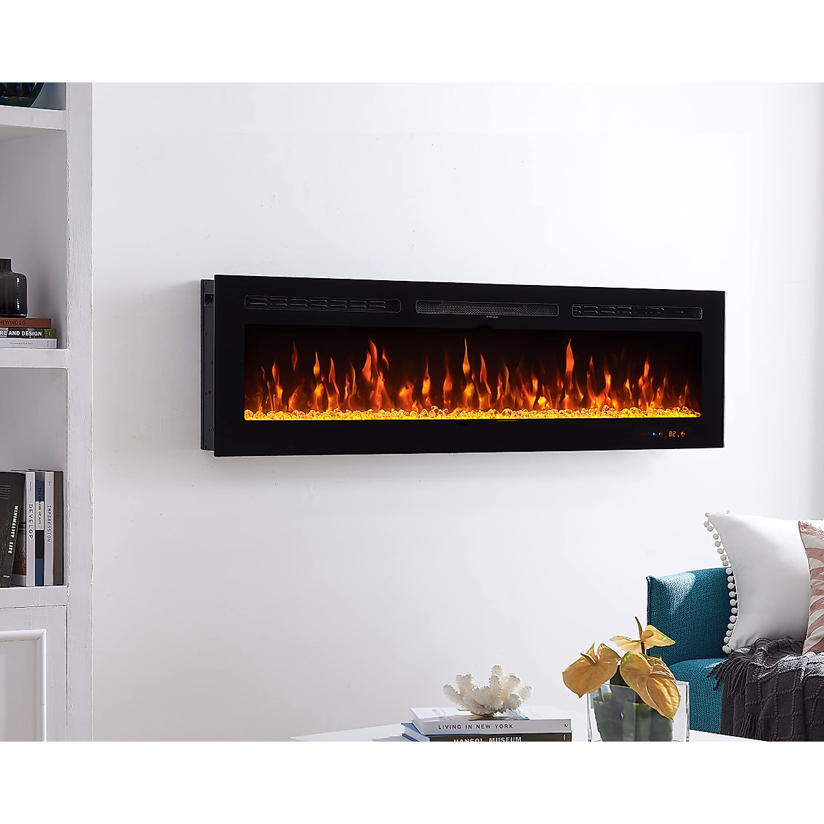 Naomi Home Kimball Electric Fireplace, Recessed & Wall Mounted Electric Fireplace, Remote Control with Timer, 9 Adjustable Color, WiFi Black/60 inches