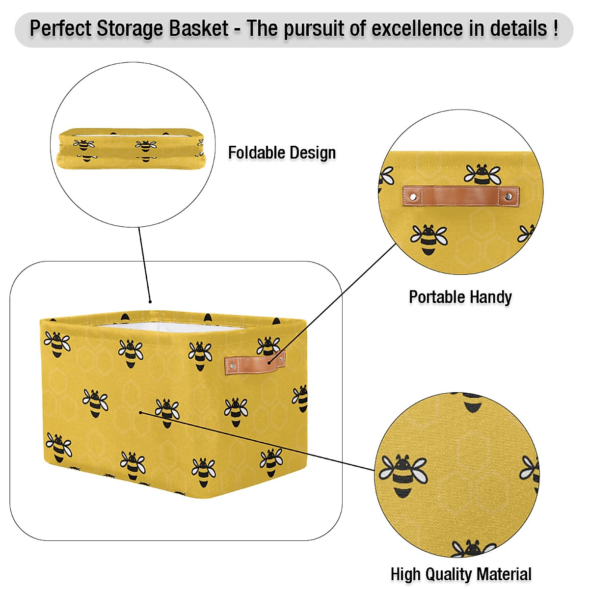Storage Baskets with Handles, Bee Yellow Storage Cube Rectangular Fabric Collapsible Toy Storage Bin Organizer for Closet Shelf Laundry Nursery Kids Bedroom, 15x11x9.5 In,1 Pack
