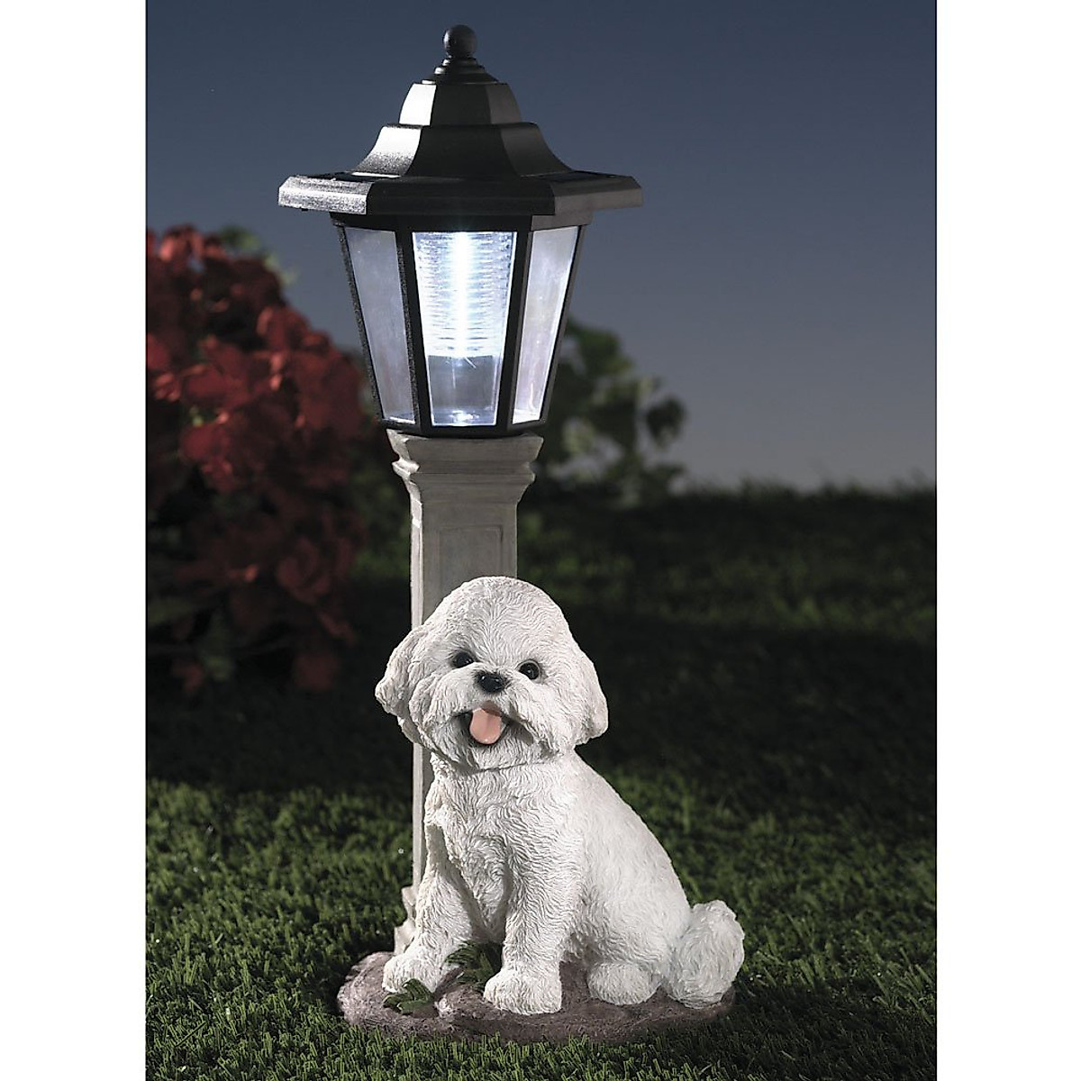 Bits and Pieces-Solar Bichon Lantern-Solar Powered Garden Lantern - Resin Dog Sculpture with LED Light