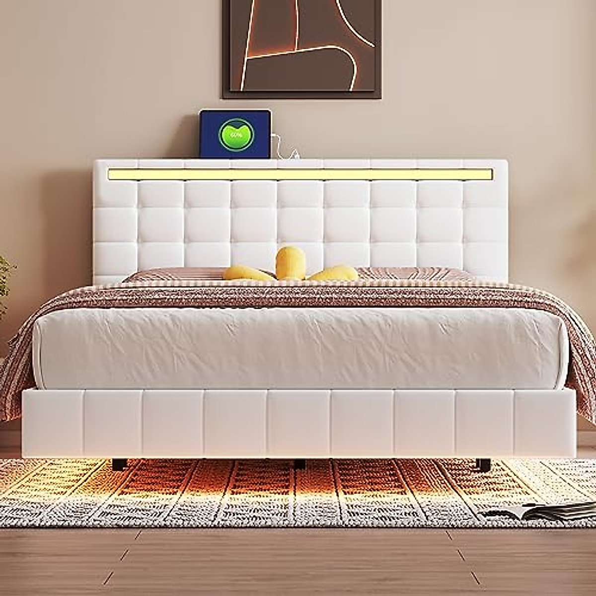 Goujxcy Queen Size Floating Bed Frame with LED Lights and USB Charging, Modern Upholstered Platform LED Bed Frame with Button Tufted Headboard (White 1+PU)