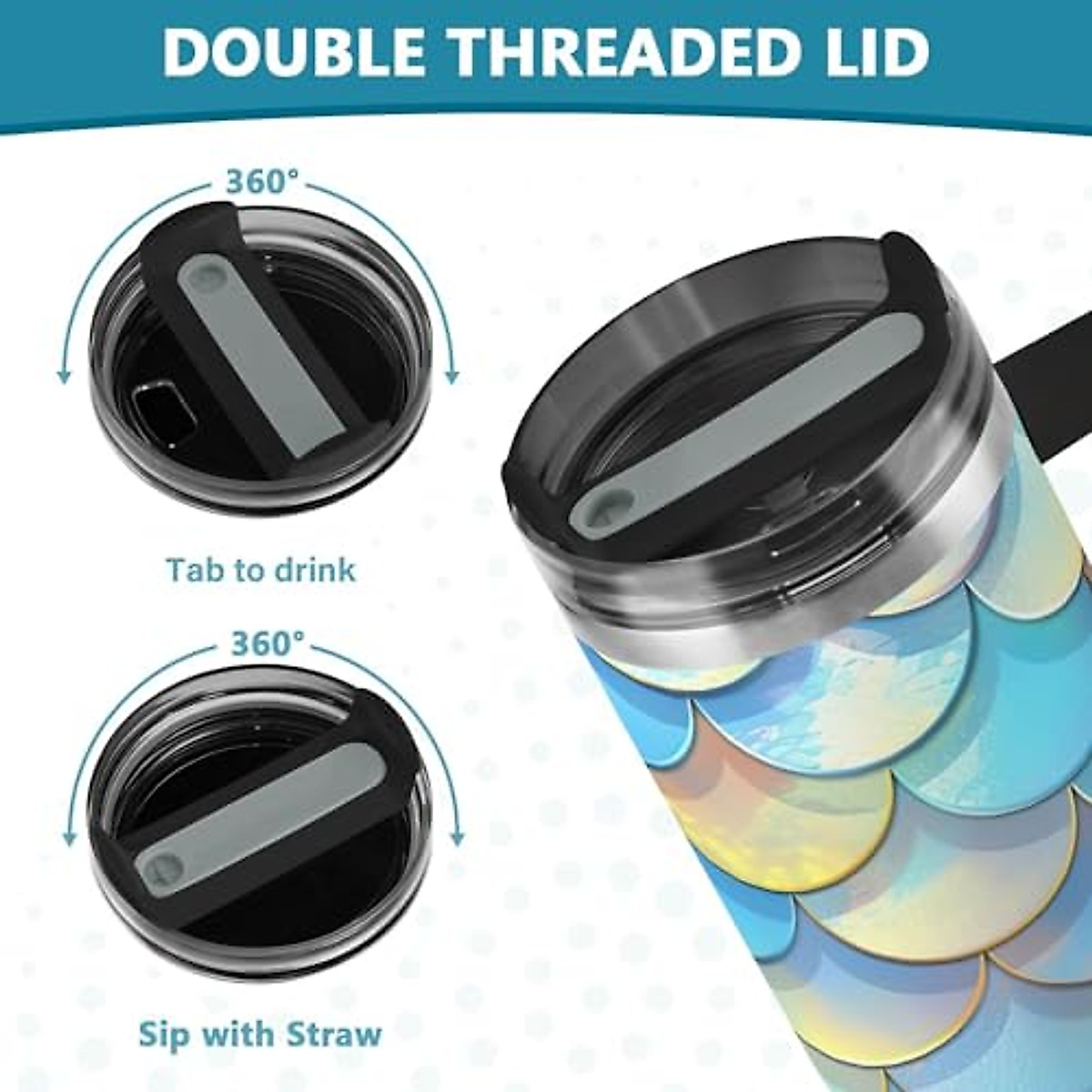 FRCSDIY Colored Fish Scales Insulated Tumbler with Handle and Straw Lid,30oz Leakproof Stainless Steel Cup BPA-Free Water Bottle