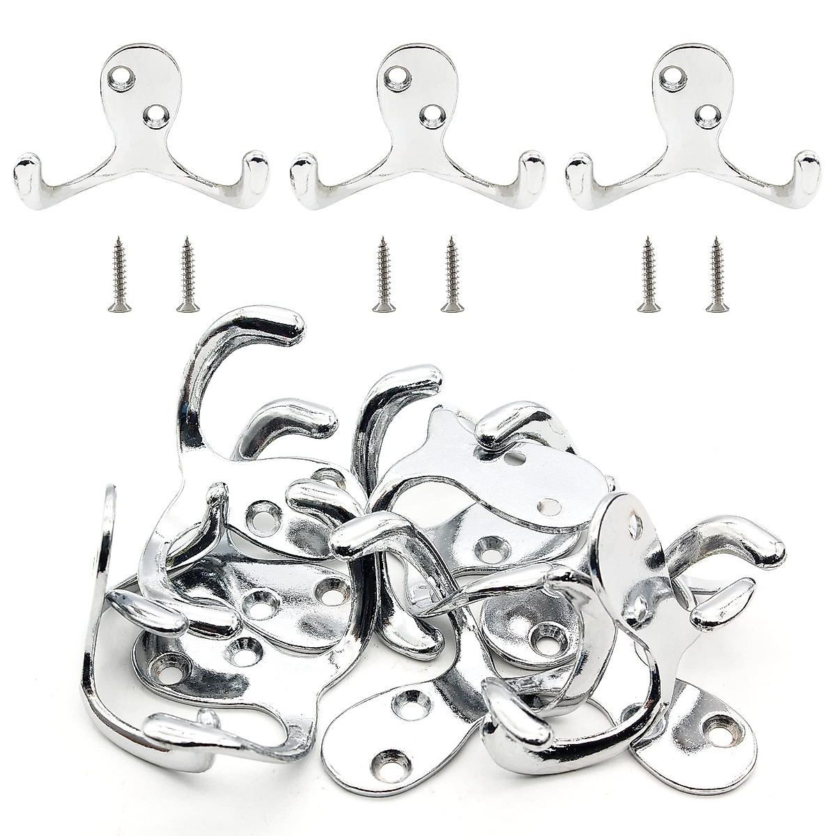 suiwotin 10pcs Coat Hooks, Heavy Duty Wall Hook, Double Prong Robe Hook Wall Mount Hanging Hooks for Closet Clothes, Coat, Bag, Scarf, Towel, Hat, Cap, Key (Chrome)