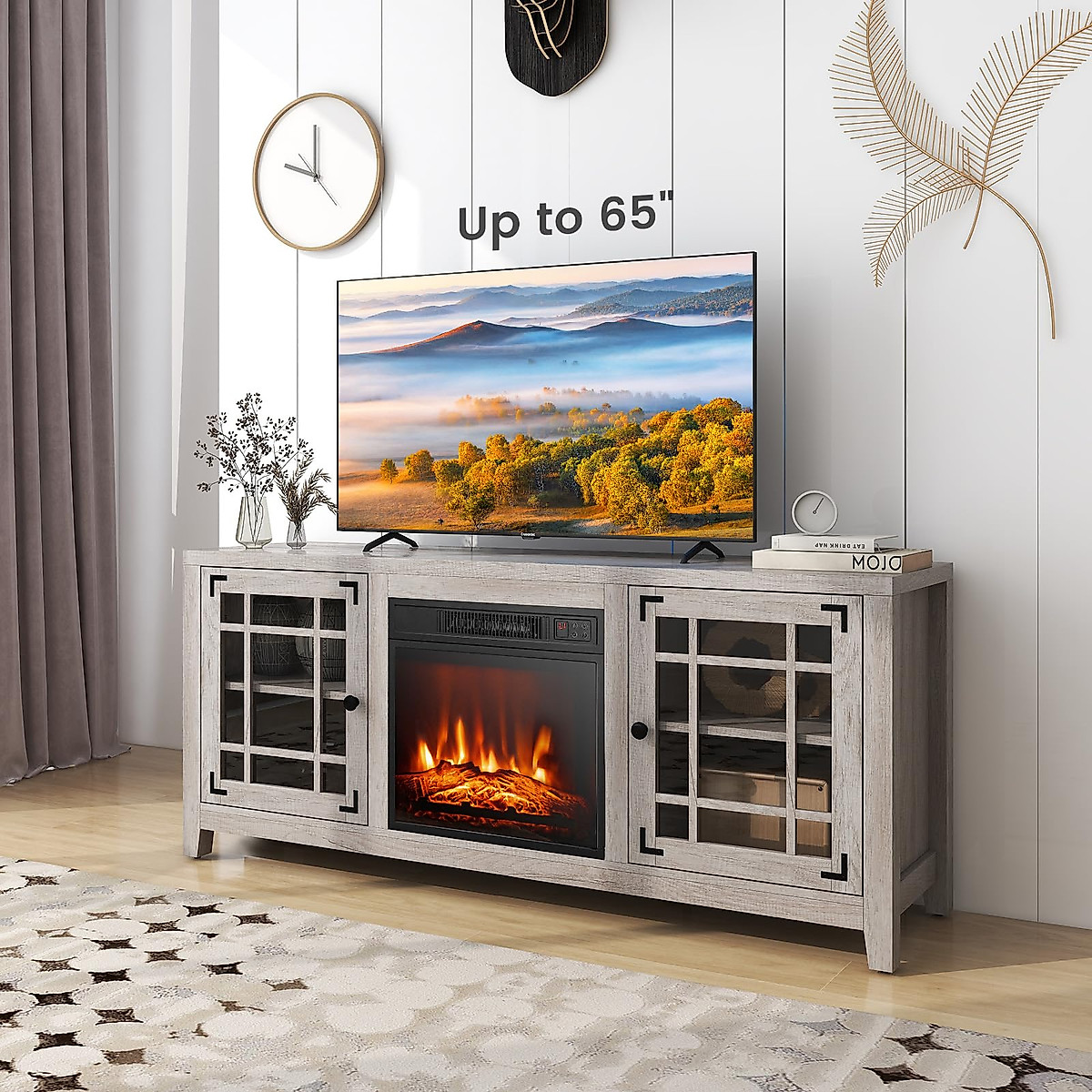COSTWAY Electric Fireplace TV Stand for TVs up to 65-inch, 18-inch Fireplace Entertainment Center with Remote Control, Thermostat, TV Console with Adjustable Shelves for Living Room Bedroom, Natural