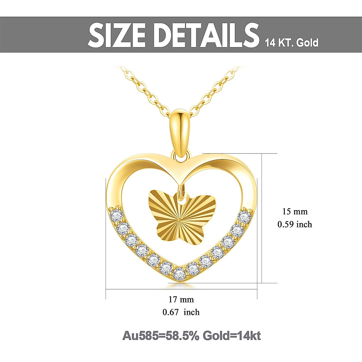SISGEM 14K Real Gold Heart Necklace for Women,Yellow Gold Diamond-Cut Butterfly In Heart Pendant Necklaces with Moissanite,Anniversary Birthday Gifts for Lover Wife Grandma,16''-18''