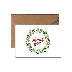 Paper Frenzy Holiday Wreath Thank You Note Cards with Kraft Envelopes 25 pack