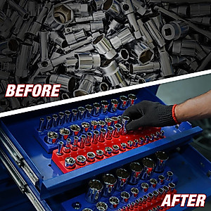 ALOANES 141-Slot Magnetic Socket Organizer, 6PC Socket Holder Kit, 1/2-inch, 3/8-inch, 1/4-inch Drive Socket Tray Holders,for Standard and Deep Metric SAE Sockets, Heavy Duty Organizer(Red&Blue)