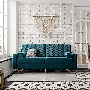 YaoYaoJia 79'' Luxury Velvet Sofa,Mid-Century Modern Loveseat with Bolster Pillows,3 Seater Sofa with Gold Metal Legs,Comfy Couches for Living Room Bedroom Apartment (Teal)