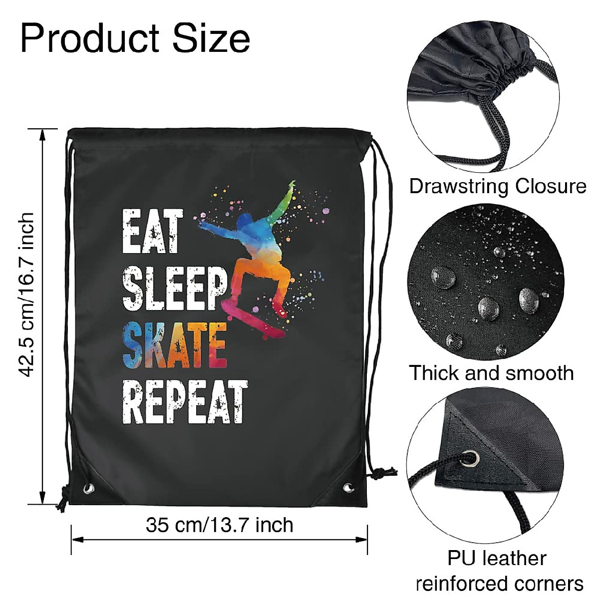 Pishovi Eat Sleep Skate Repeat Drawstring Waterproof Backpack, Skate Sports Bag for Man Women, Skate Player Gifts, Skate Gift for Skate Lover, Skate Lover Gift Idea