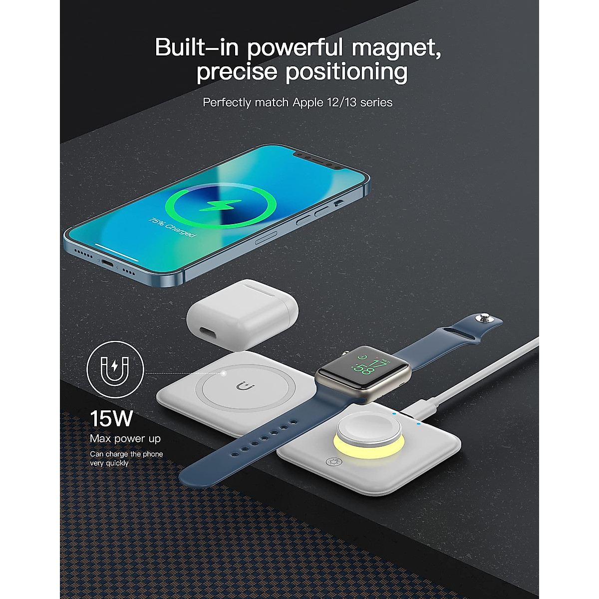 2 in 1 Foldable Wireless Charger, Wireless Charging Station for iPhone 15/14/13/12/11 Pro Max/X/XS, Fast Magnetic Travel Wireless Charging Pad for AirPods 3/2/Pro Apple Watch