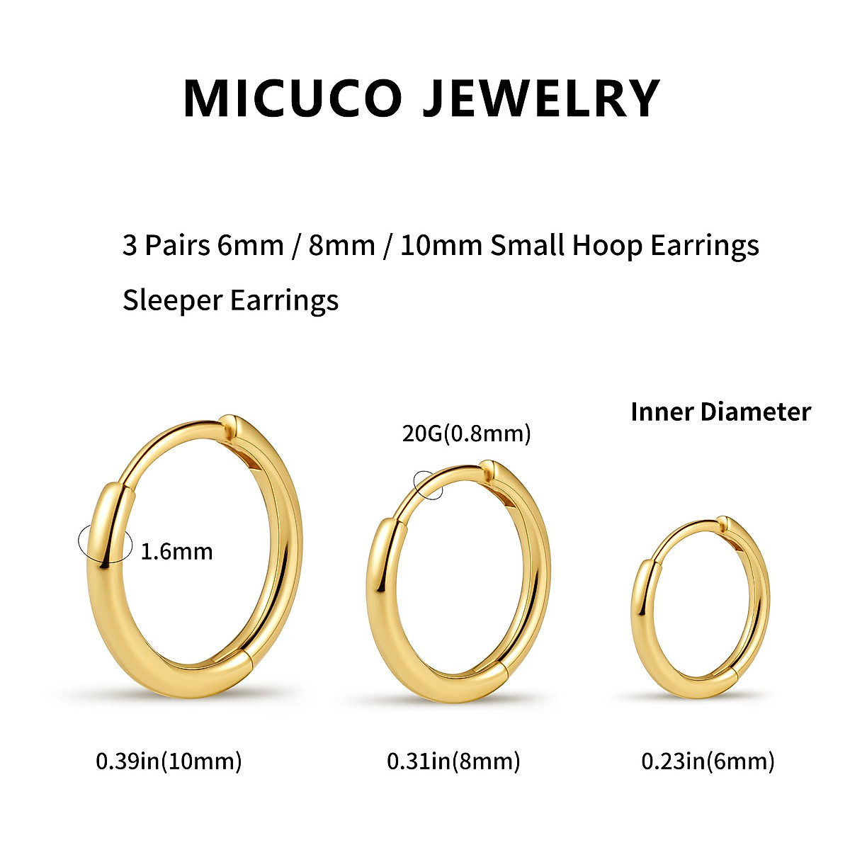 micuco Small Hoop Earrings for Women Tiny Cartilage Hoop Earrings for Men Helix Daith Tragus Ear Hugging Hoop Earrings 14K Gold Plated 6mm 8mm 10mm