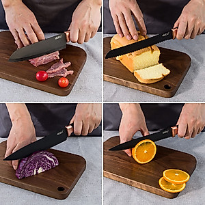 elabo 5 Piece Black Kitchen Knife Set with Stand - Stainless Steel Non-Stick Coating Knives, Rose Gold Handle