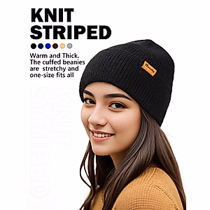 Black Beanie Hats for Men Guys, Warm Winter Hat Snow Skull Caps, Daily Thermal Stocking Caps, Fall Spring Knit Cookies Beanie, Striped Cuffed Beanie for Toboggan Ski Skate Hiking Golf