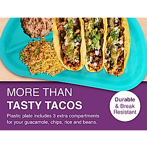 Arrow Home Products Fiesta Taco Plate, 4 Pack - Each Plate Includes 3 Taco Holders Plus 2 Compartments - BPA Free Plastic, Made in the USA, Dishwasher Safe - Teal Blue