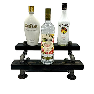 Freestanding Liquor Shelf | 2 Tier Industrial Bar Display | Liquor Bottle Display | Wood Wine Shelf | Bar Organization | Tiered Bottle Shelf (24", Aged Barrel)