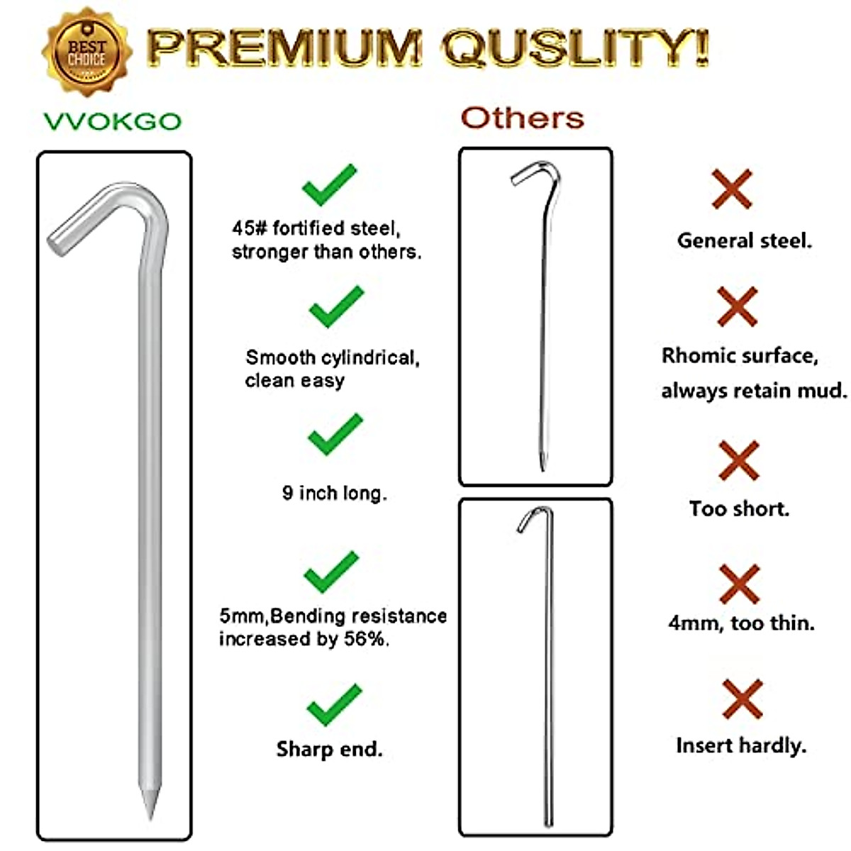 9 Inches 8 Pack Heavy Duty Tent Stakes, Metal Ground Stakes for Camping, Garden or Inflatable, Galvanized Steel Pegs for Yard and Outdoor Decorations