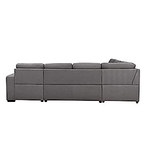 123" U-Shaped Polyester Sectional Sofa with Pull Out Sleeper Couch Bed & Storage Chaise, Oversized Functional Sofa & Couch Convertible Sofabed w/4 Pillows for Home Apartment Living Room Furniture Set