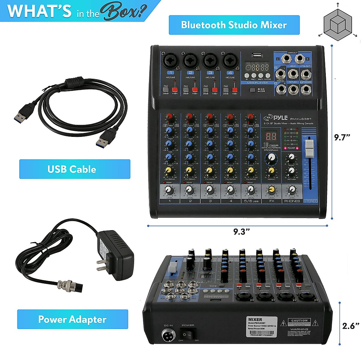Pyle Professional Audio Mixer Sound Board Console - Desk System Interface with 6 Channel, USB, Bluetooth, Digital MP3 Computer Input, 48V Phantom Power, FX16 Bit DSP- PMXU63BT , Black