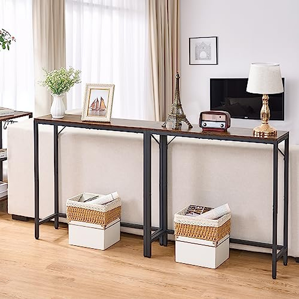 HOMCENES Narrow Console Table with 2 Support Bar and Desktop Printer Stand Bundle, Thin Entryway Table, Small Sofa Table, Industrial Couch Table, Under Desk Printer Table Rack