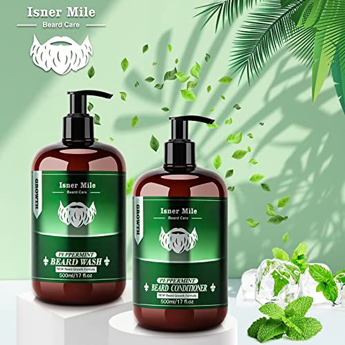 Beard Wash and Conditioner Kit (17oz) Natural Mint Beard Shampoo Conditioner Kit, Fathers Gifts for Dad Him Men, Beard Shampoo Set w/Beard Oil Conditioner Cleanse Smooth Soften Strengthen