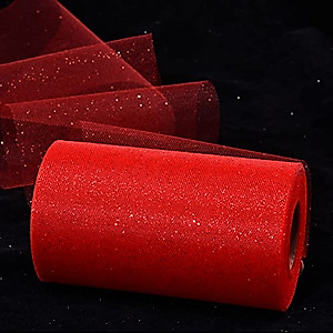 Glitter Tulle Rolls 6” by 50 Yards Sparkle Tulle Fabric Ribbon Sequin Tulle Netting Rolls for DIY Tutu Skirt Wedding Birthday Party Decoration (Red)