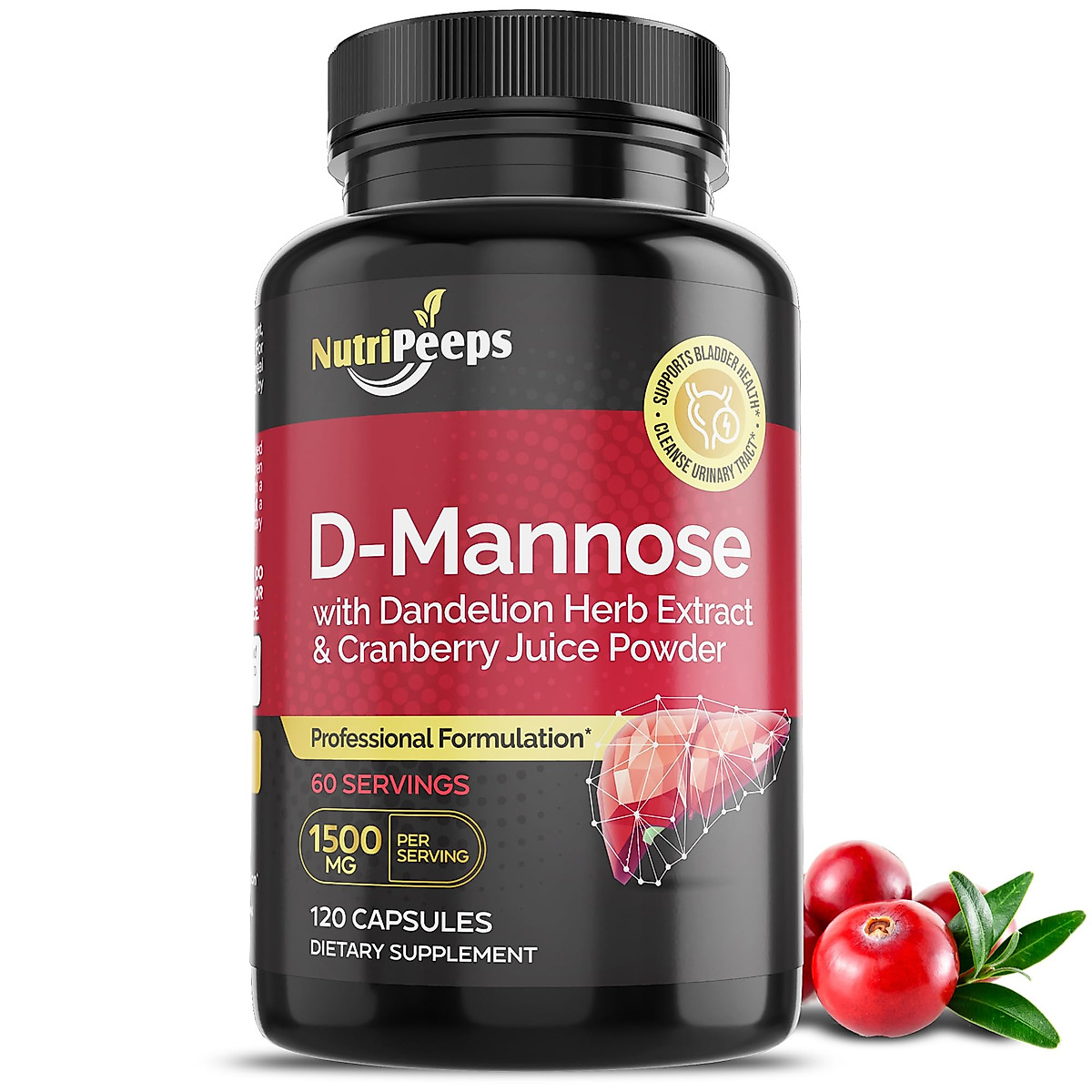 NutriPeeps D-Mannose 1500mg, 120 Capsules with Dandelion Herb and Cranberry Extracts, Natural Urinary Tract Cleanse for UTI Support, Flushing and Detoxing of Impurities, for Men and Women.