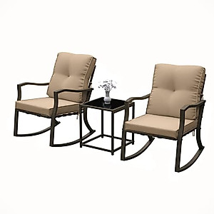 ALAULM Outdoor Rocking Chairs 3 Pieces Patio Bistro Set Patio Furniture Set Armrest Chair with Sand Thickened Cushions and Coffee Table for Patio Backyard Porch