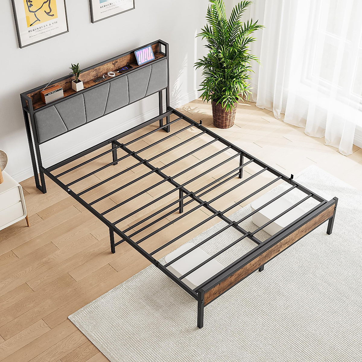 BOFENG Queen Size Bed Frame with Storage Headboard/Charging Station,Heavy Duty Metal Upholstered Platform Bed Frames Queen Size with Storage No Box Spring Needed,Strong Metal Slats,Noise Free,Brown