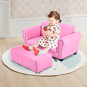 INFANS 2 Seat Children Sofa, Upholstered Couch with Footstool Sturdy Wood Construction, Armrest Couch for Preschool Children Boys Girls, Kid Couch Lounge Bed with Ottoman (Pink)