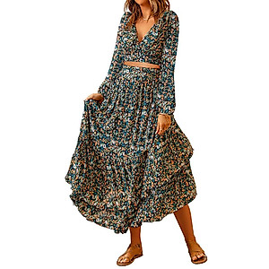 Dokotoo Women's 2 Piece Chiffon Boho Dress Long Puff Sleeve Deep V Neck Skirt Sets Ruffle Tiered Maxi Dress Tie Waist Irregular Hem Flowy Beach Dresses Small Multicolor