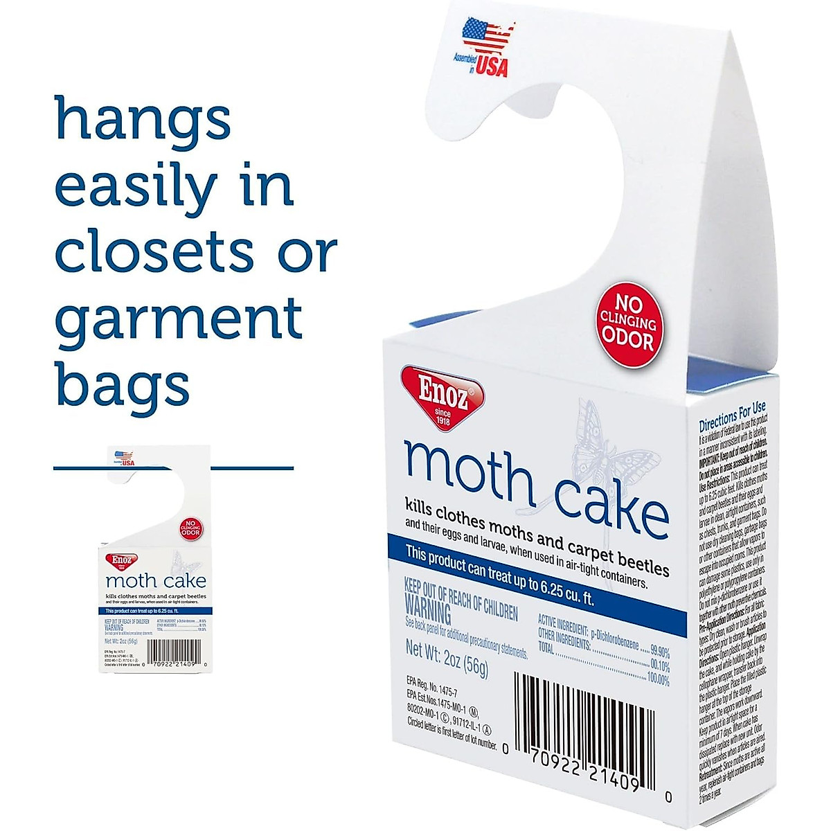 Enoz Moth Cakes – 8 Pack – Easily Hangs in Closets & Garment Bags – Kills Clothes Moths, Carpet Beetles, Eggs & Larvae – Treats 6.25 Cubic Feet